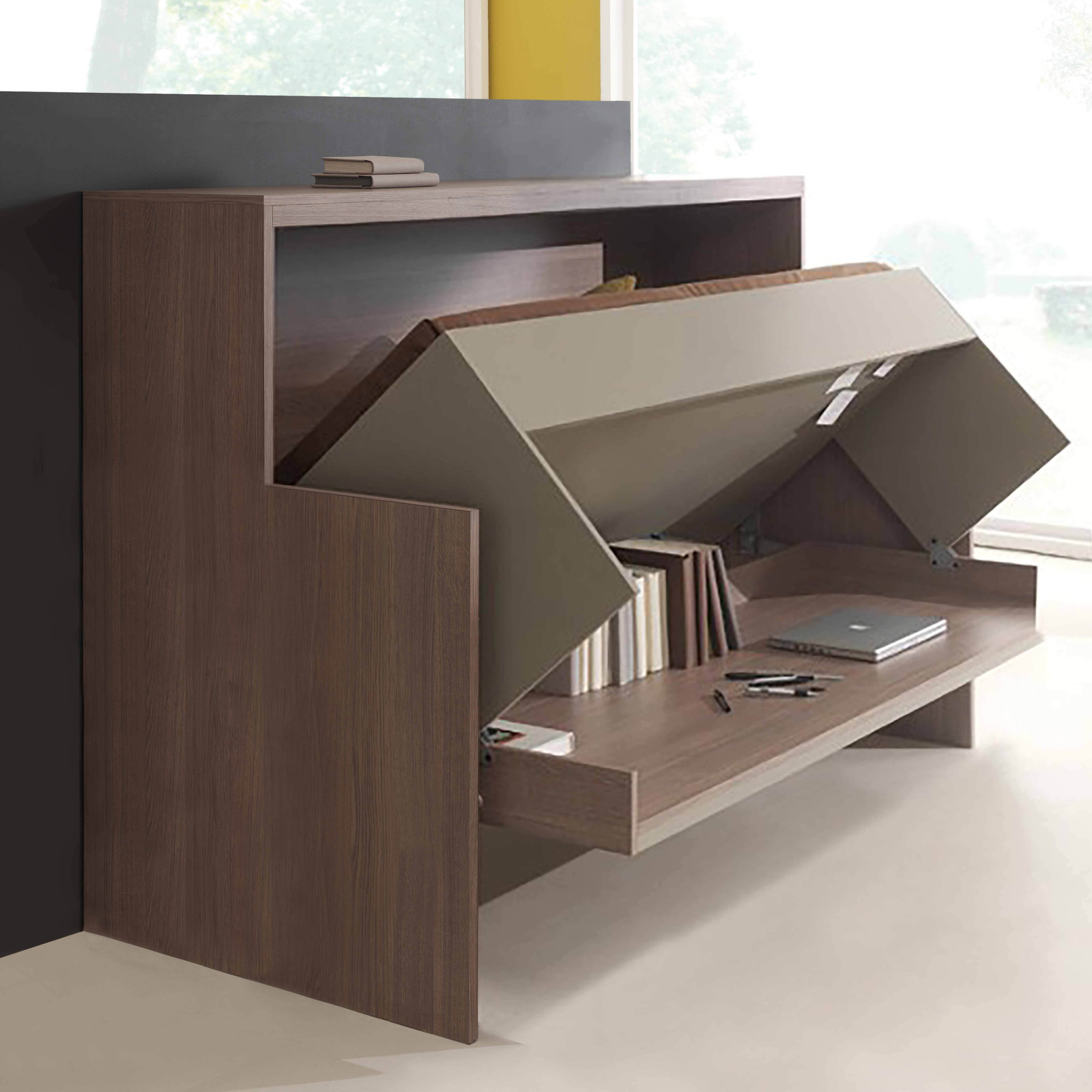 Lit escamotable horizontal avec bureau pivotant intégré | Oviala