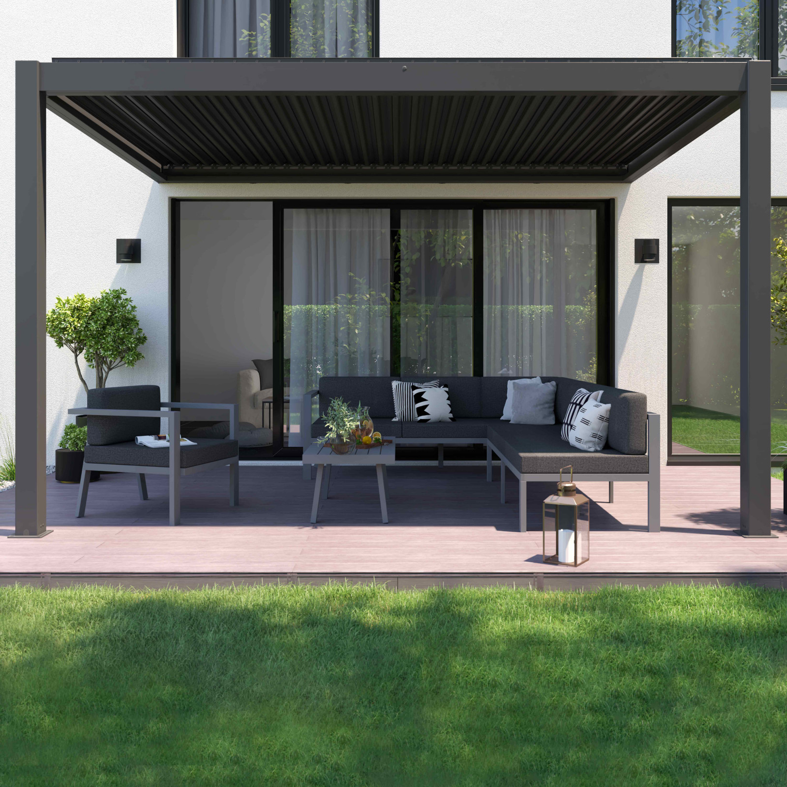 Pergola bioclimatique adossée motorisée en aluminium 3x4m avec ... Pergola bioclimatique adossée motorisée en aluminium 3x4m avec ...