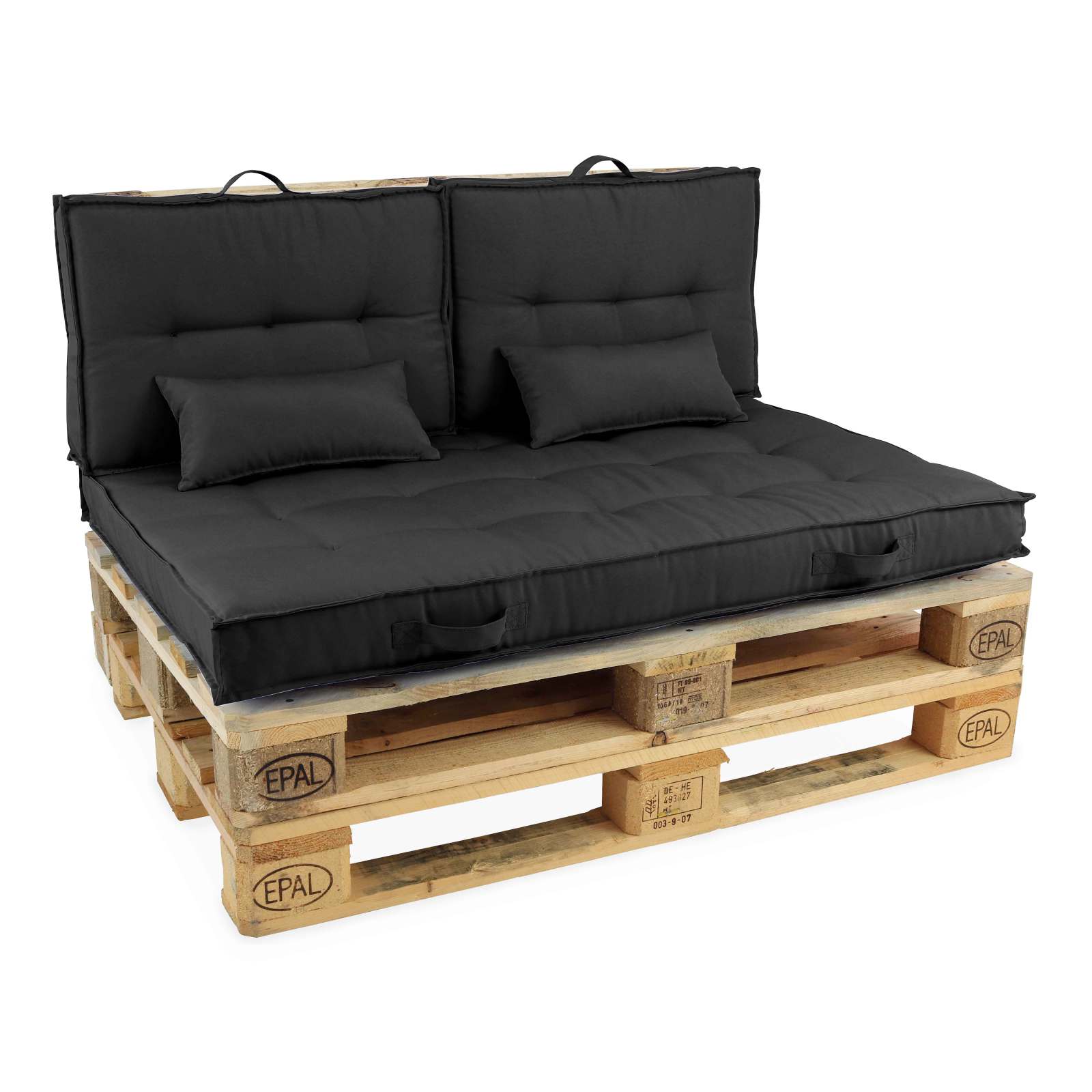 Ensemble canapé avec palettes en bois et coussins de jardin | Oviala