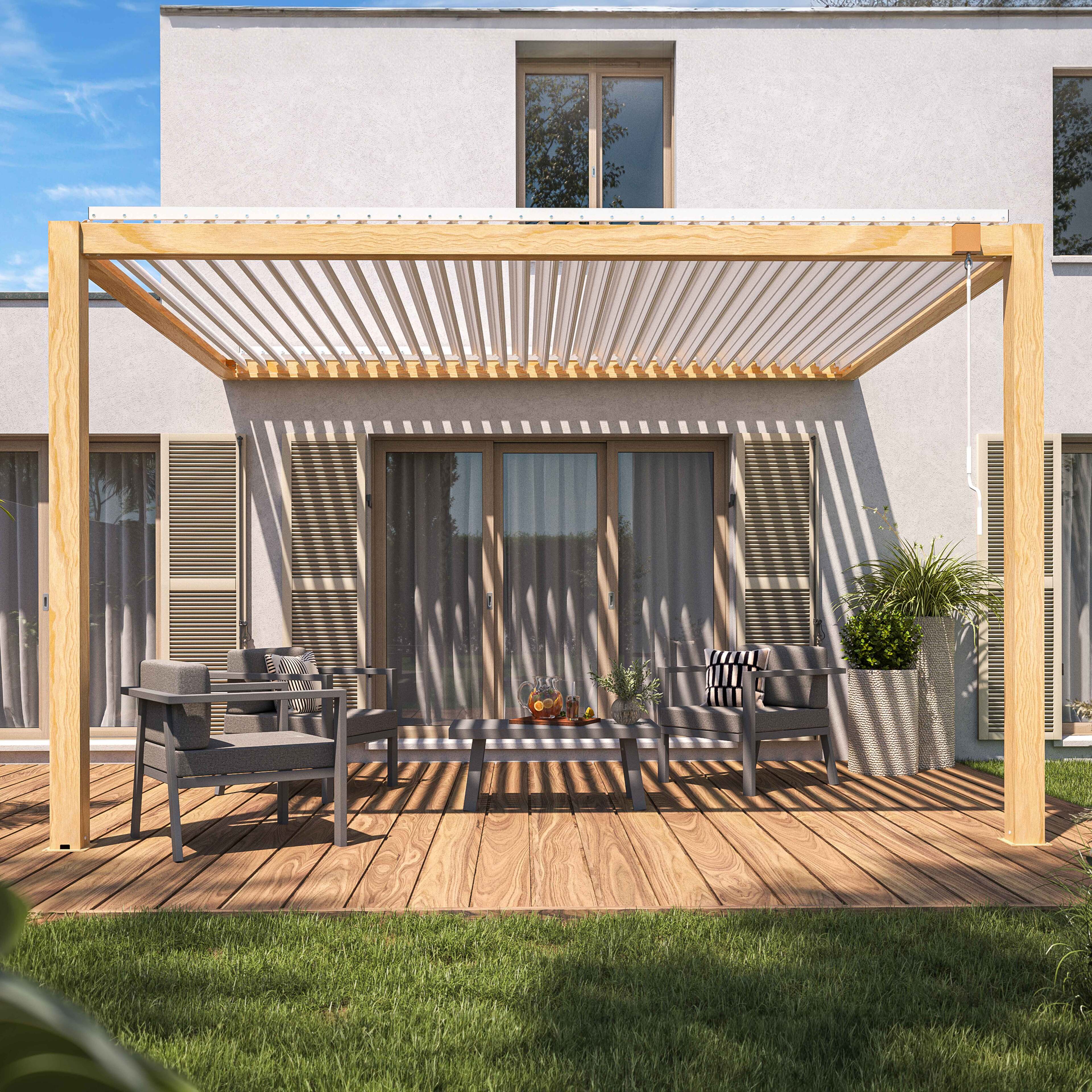 Pergola bioclimatique adossée 4x3m en aluminium blanc décor bois | Oviala
